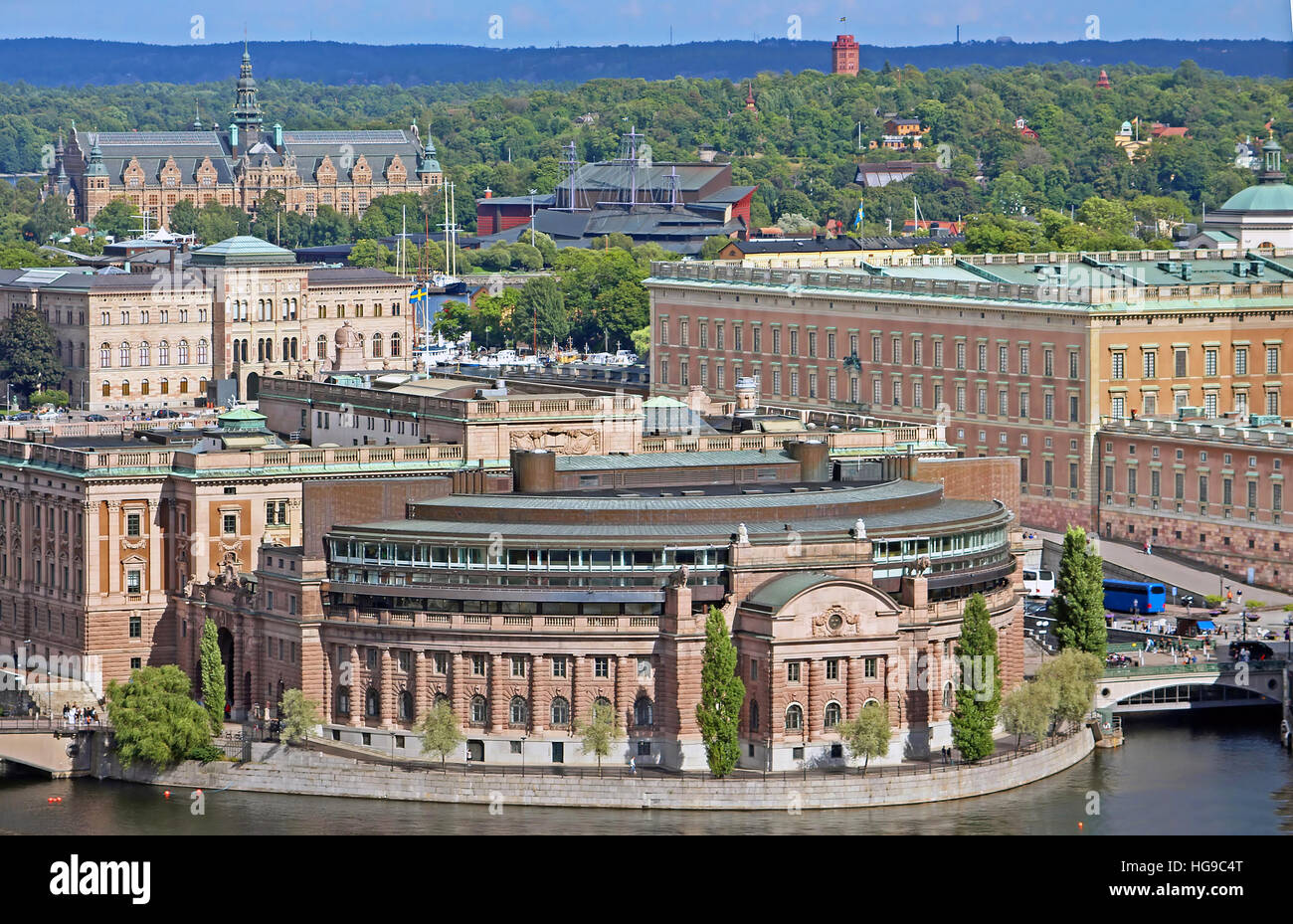 Aerial view of Riksdag (parliament) building and Stockholm palace at Helgeandsholmen island ...