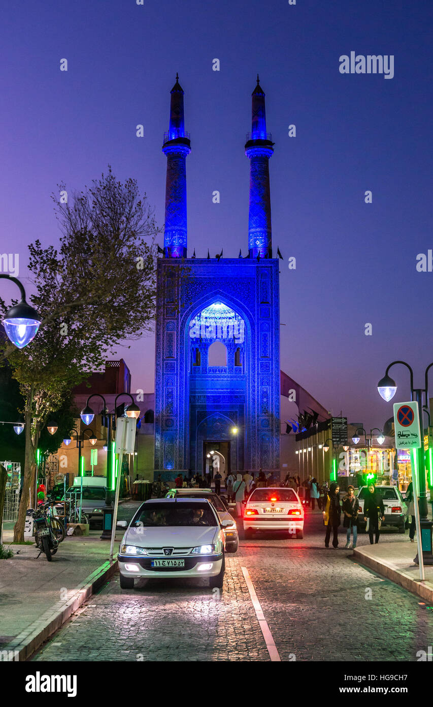 Front facade of 800-year old grand, congregational Jameh Mosque of Yazd ...