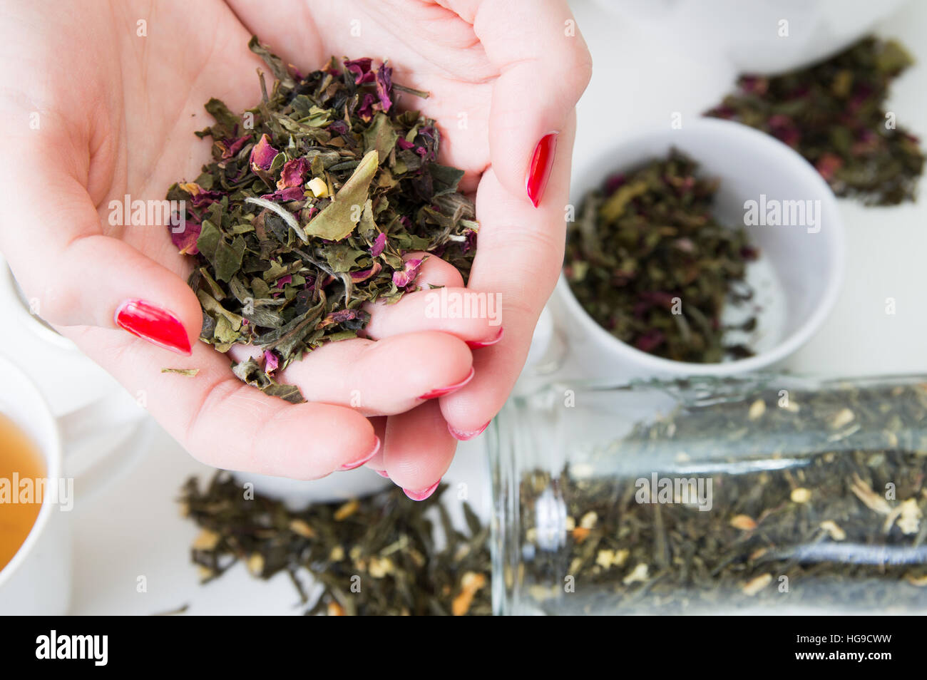 Woman's hands holding green tea leaves and different kind of herbs on ...