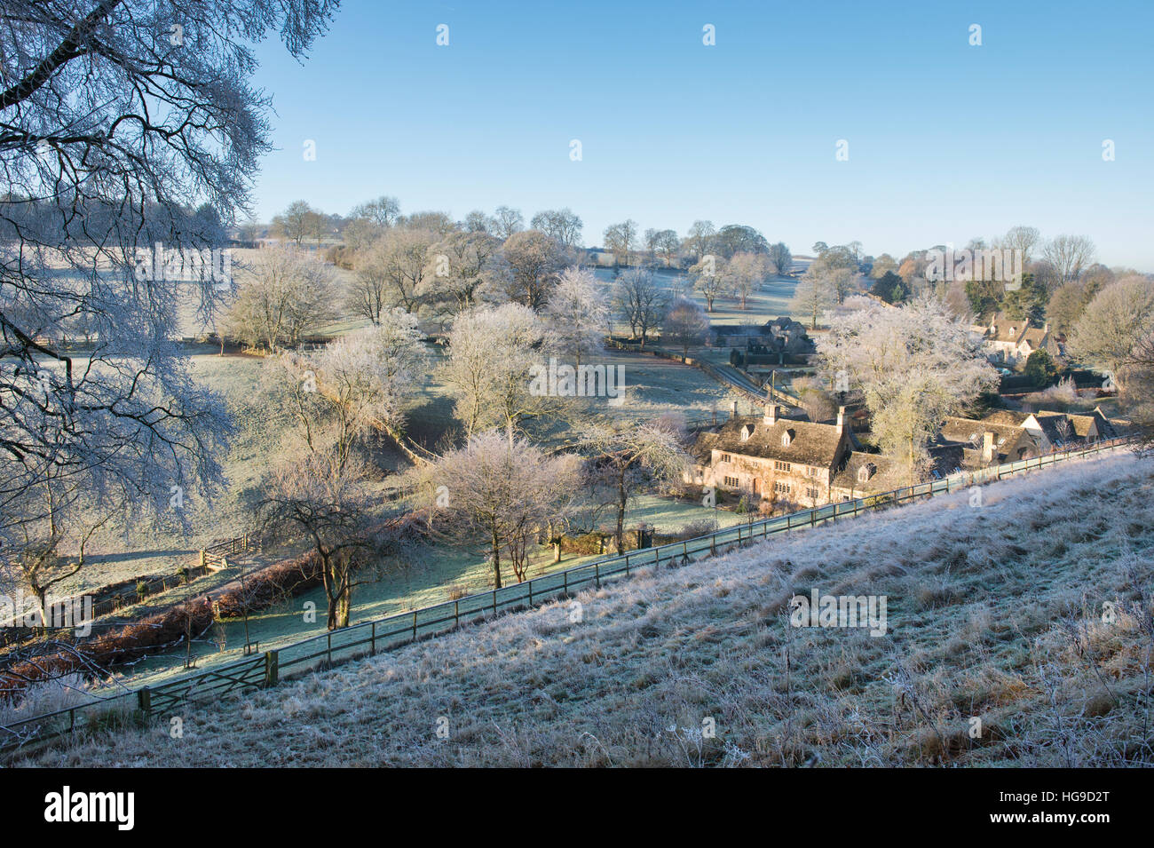 Turkdean in the frosty winter sunlight. Cotswolds, Gloucestershire ...