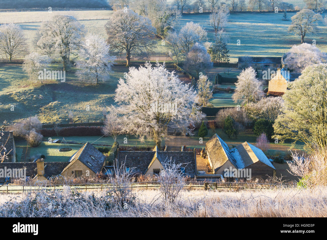 Turkdean in the frosty winter sunlight. Cotswolds, Gloucestershire ...