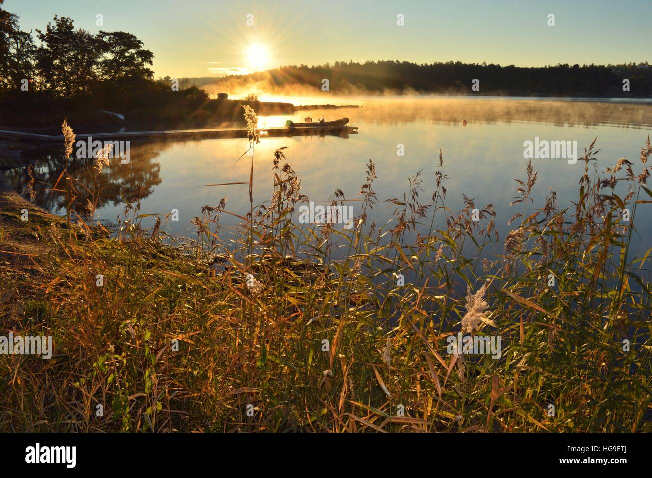 Baltic Sea inlet with boat and sunrise Stock Photo - Alamy
