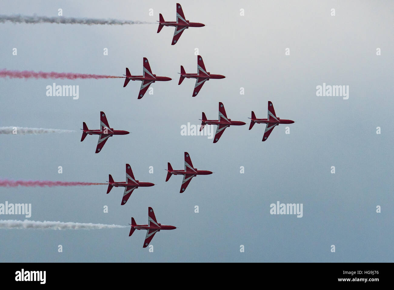 The Red Arrows in formation and trailing smoke at the 2016 Rhyl Air ...
