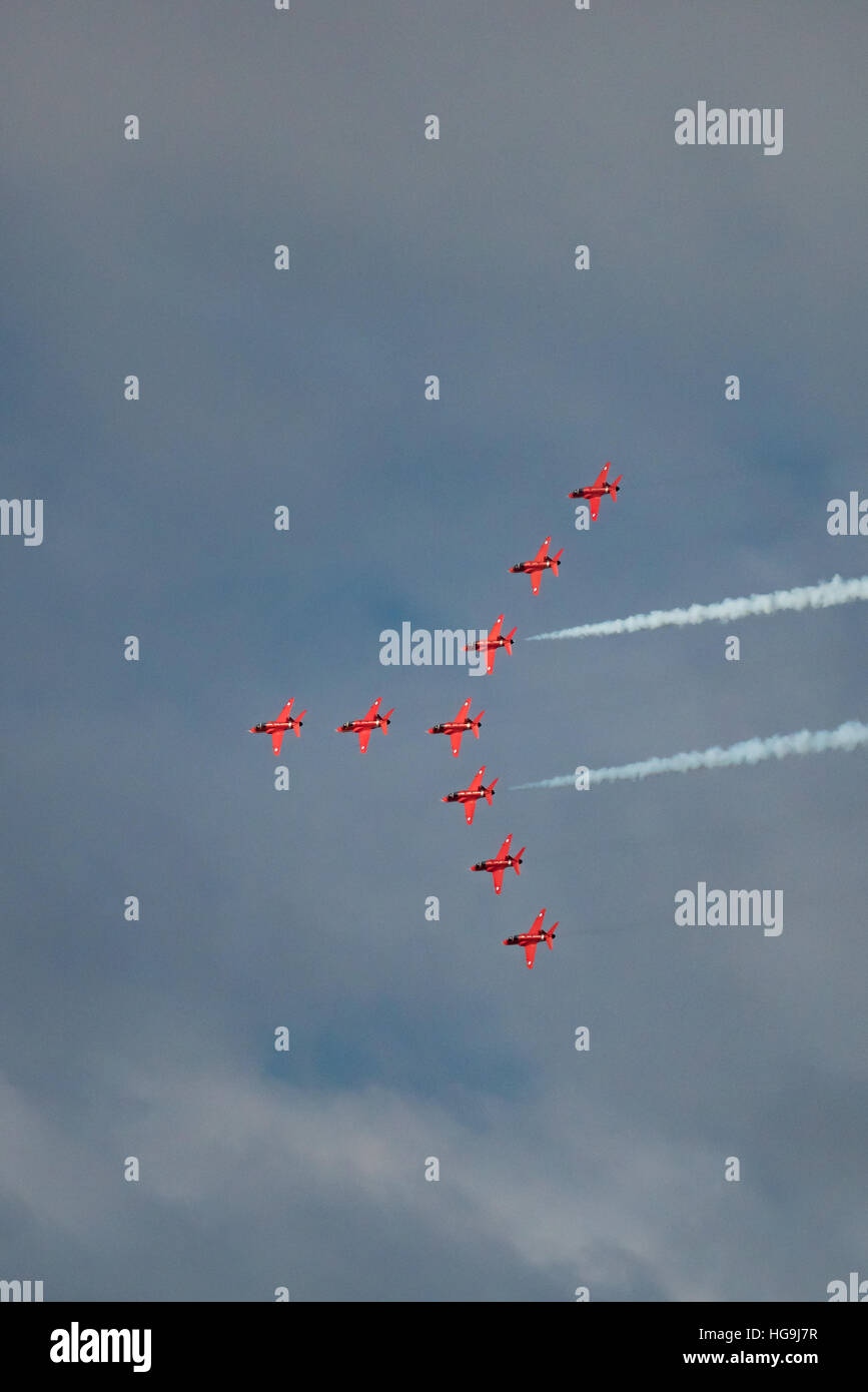 The Red Arrows in formation and trailing smoke at the 2016 Rhyl Air ...