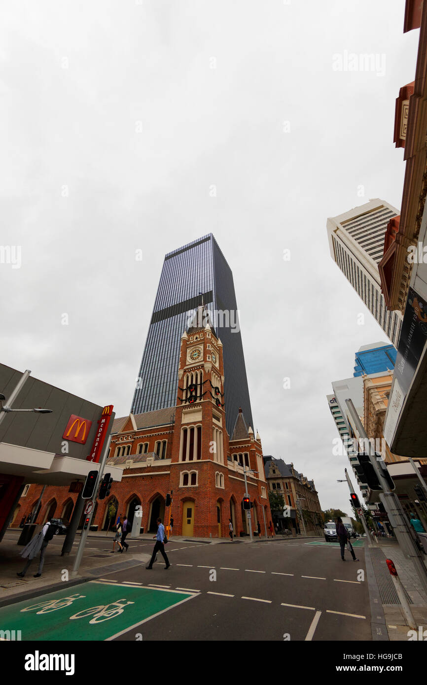 Old Perth Town hall clock with modern supreme court building behind ...