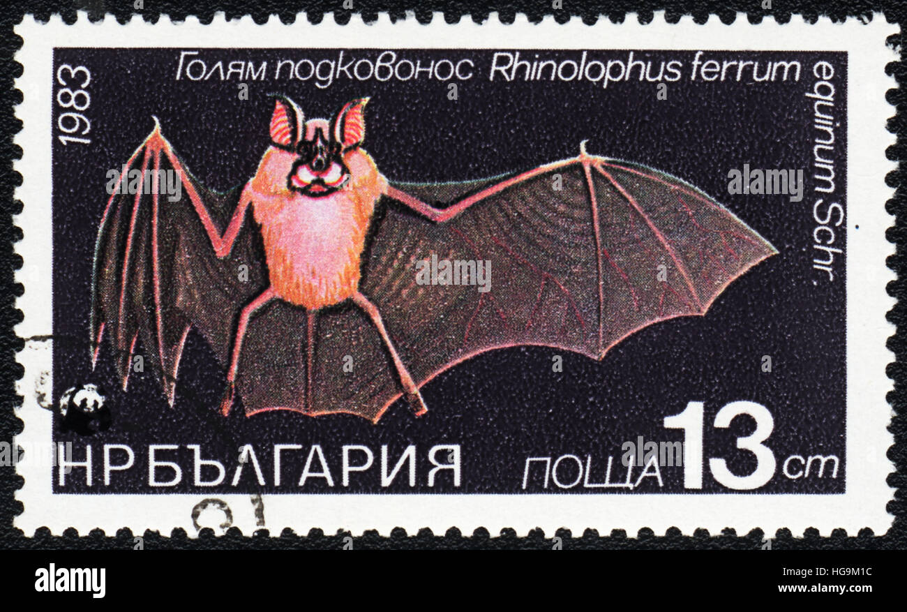 A postage stamp printed in Bulgaria shows Greater Horseshoe Bat ...