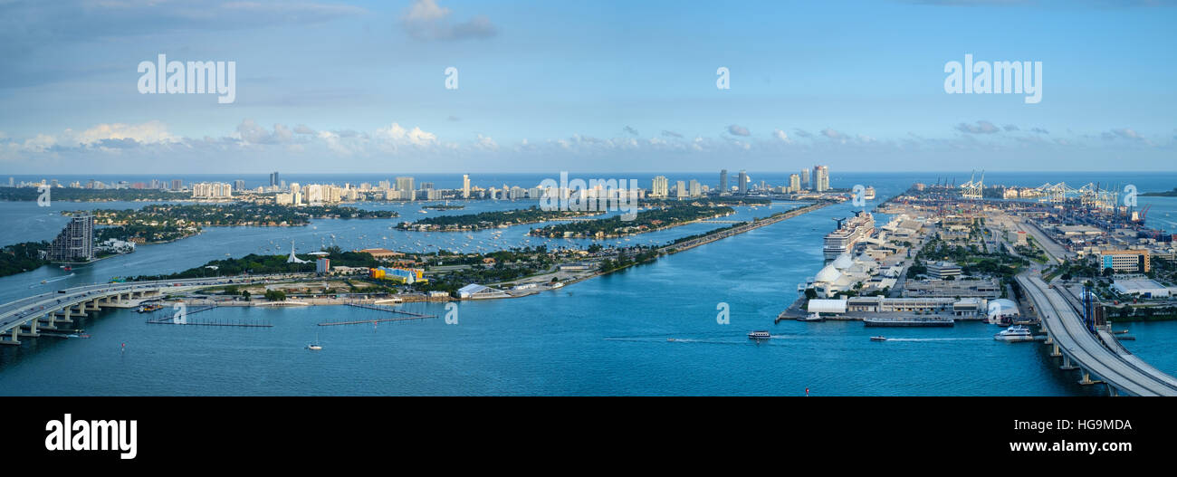 Miami, Florida, USA. Panoramic aerial view of the bay and docks of ...
