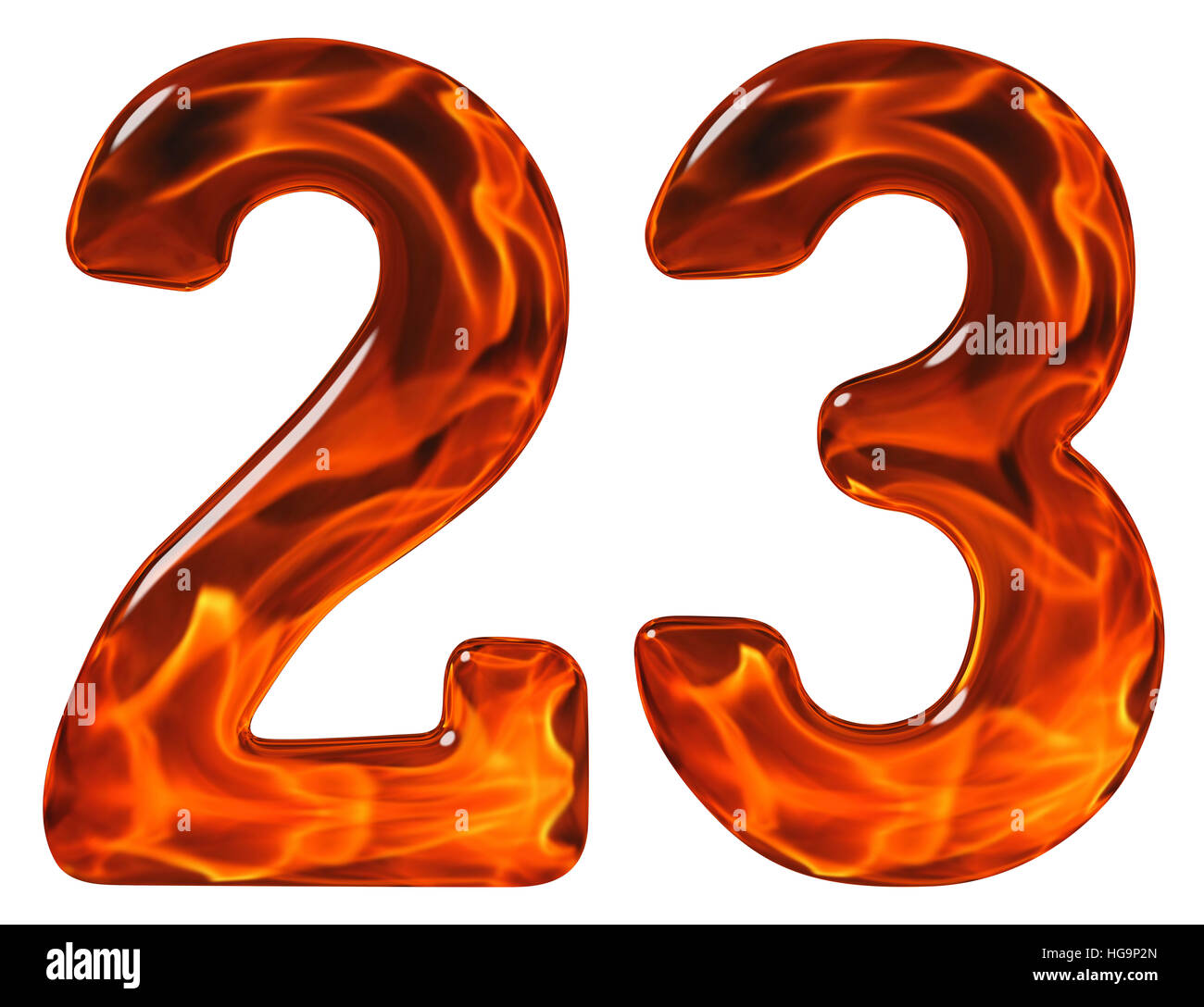 23, twenty three, numeral, imitation glass and a blazing fire, isolated ...