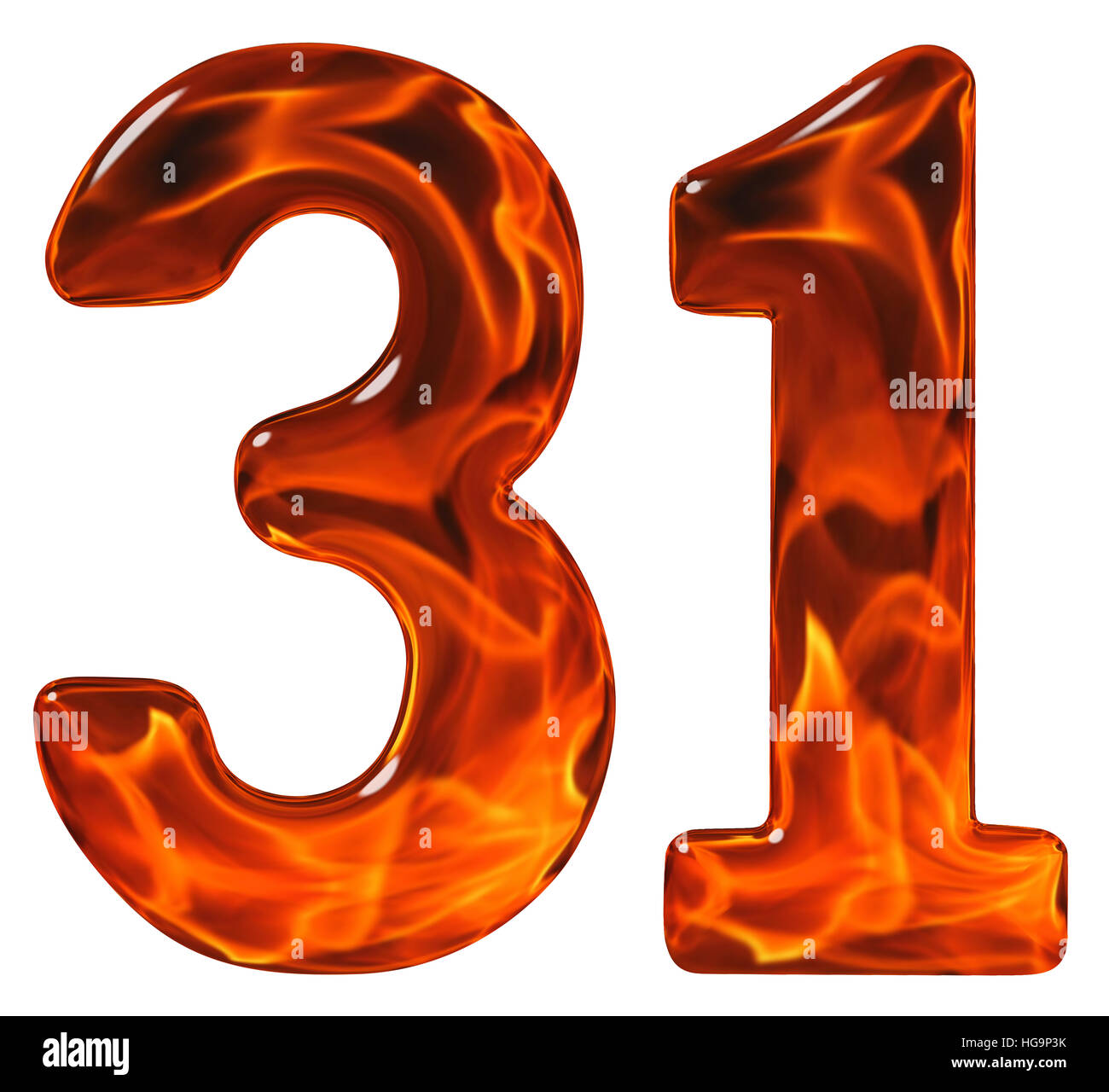 31, thirty one, numeral, imitation glass and a blazing fire, isolated ...