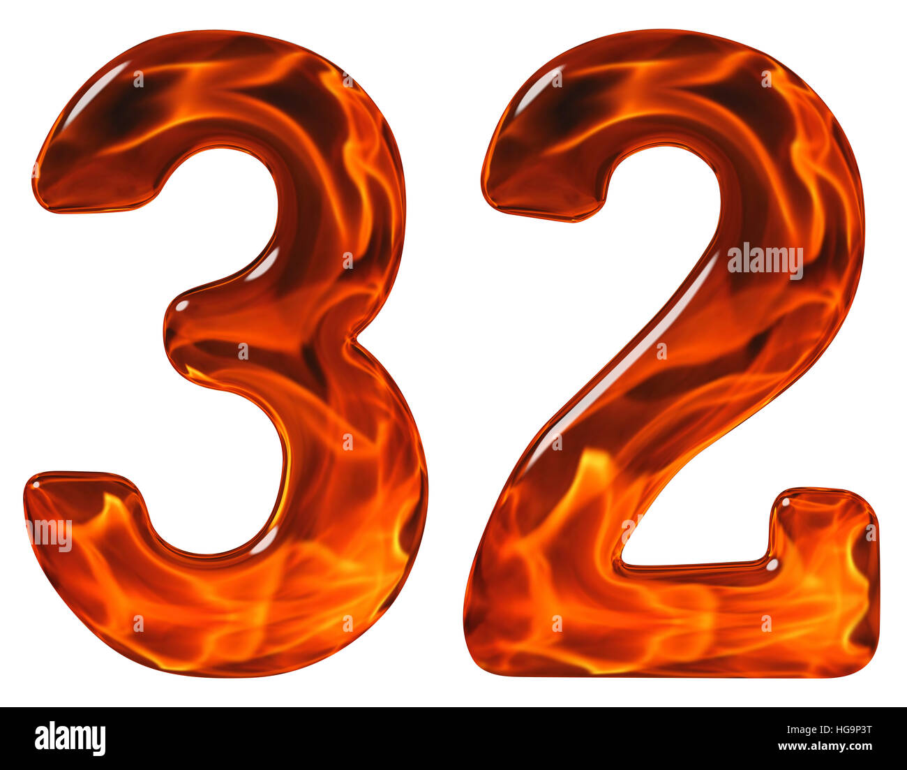 32, thirty two, numeral, imitation glass and a blazing fire, isolated ...