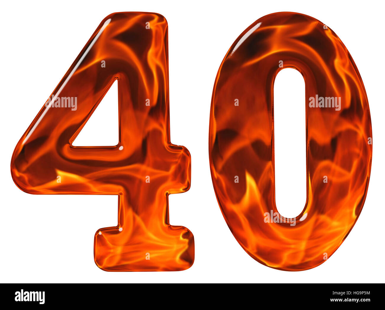 40, forty, numeral, imitation glass and a blazing fire, isolated on ...