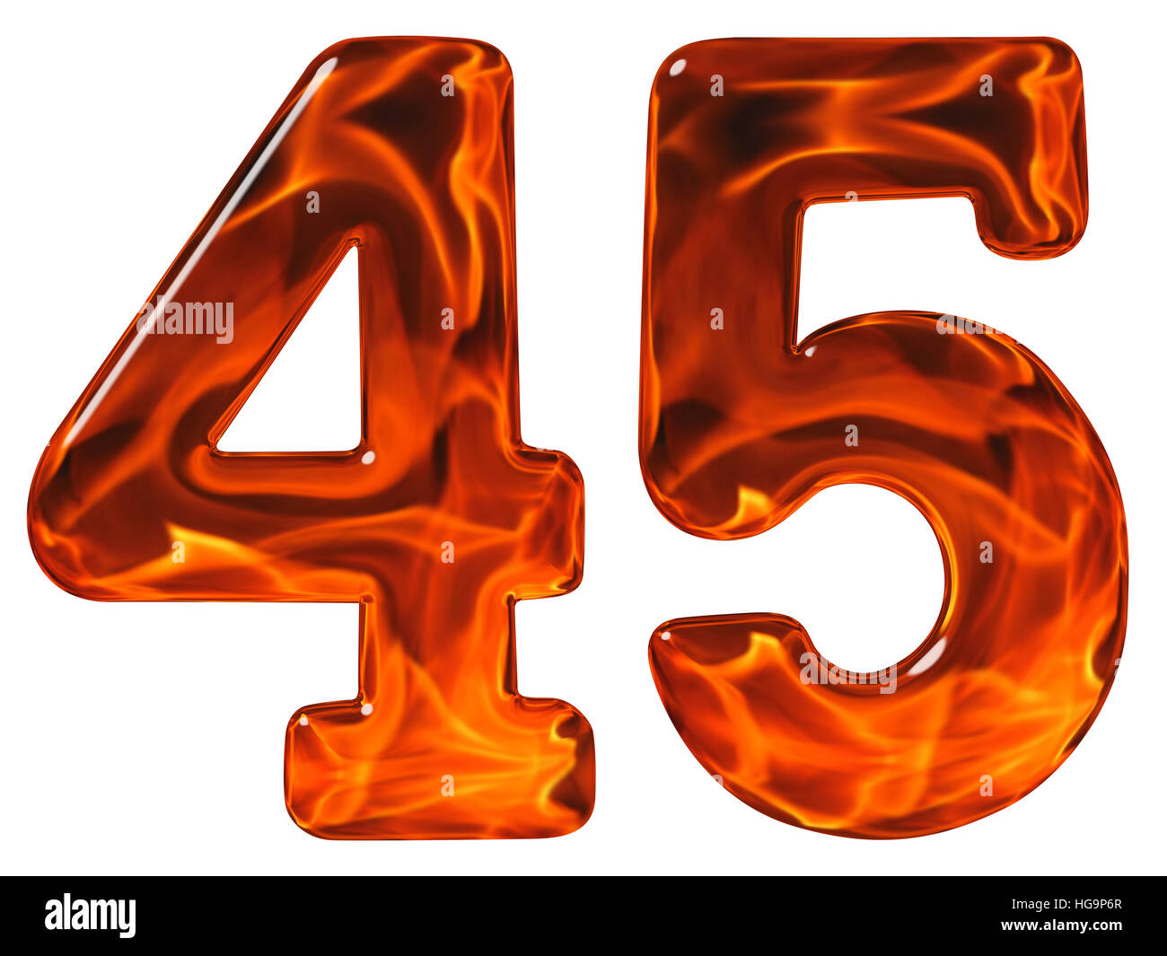 45, forty five, numeral, imitation glass and a blazing fire, isolated ...