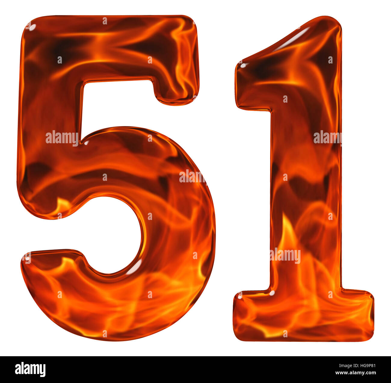 51, fifty one, numeral, imitation glass and a blazing fire, isolated on ...
