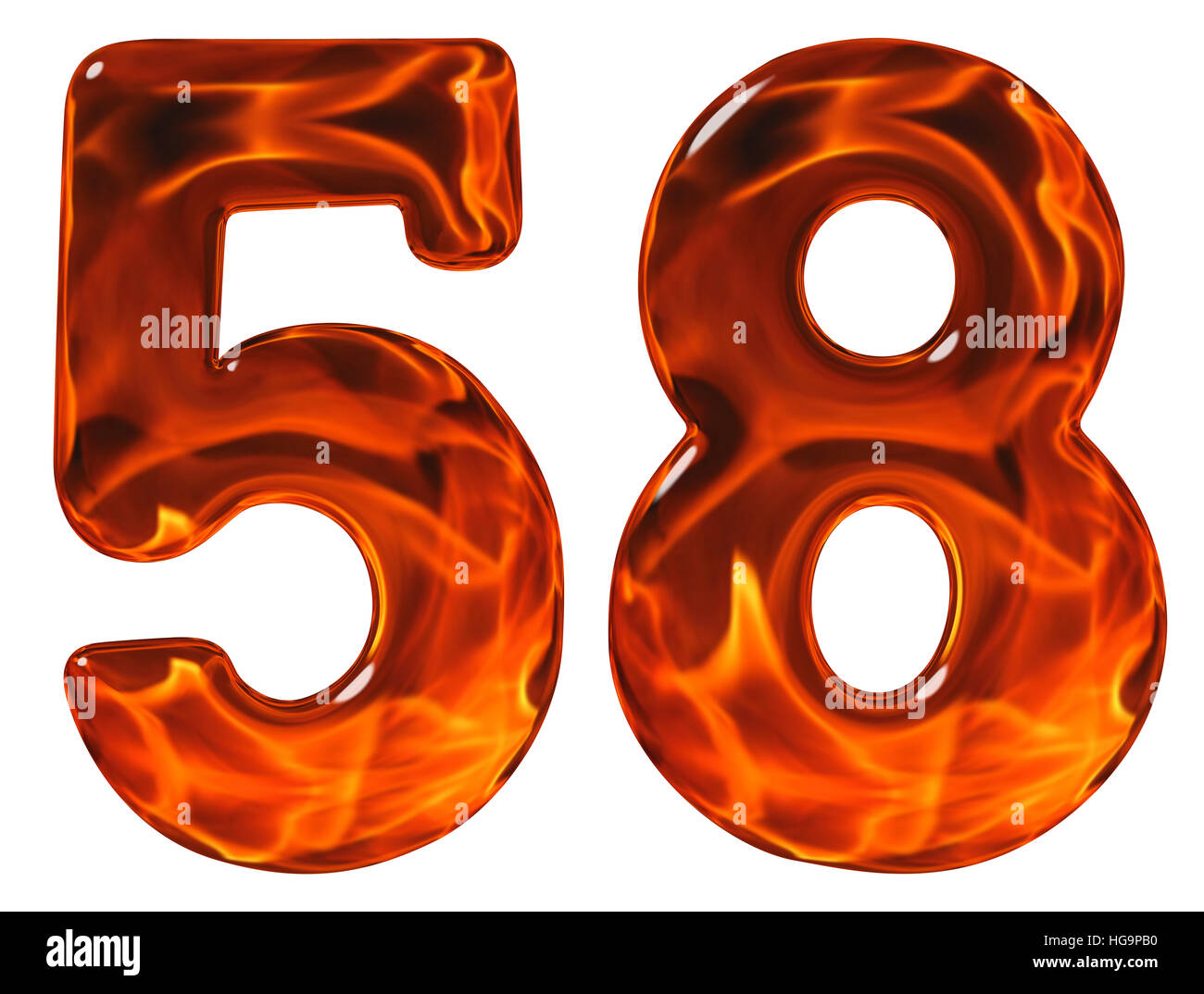 58, fifty eight, numeral, imitation glass and a blazing fire, isolated ...