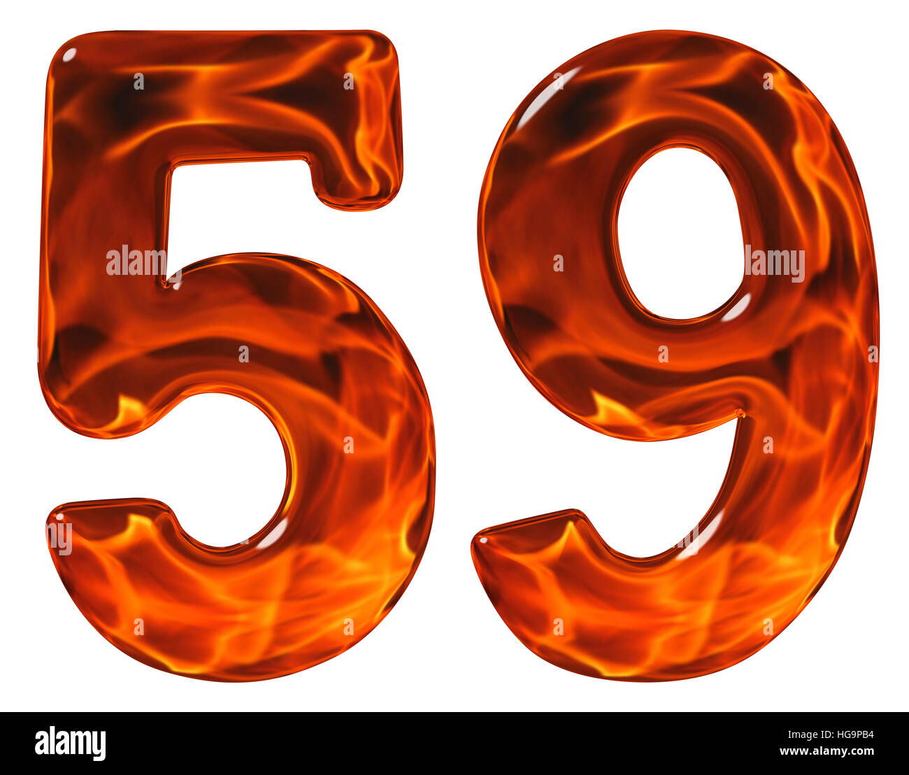 59, fifty nine, numeral, imitation glass and a blazing fire, isolated ...