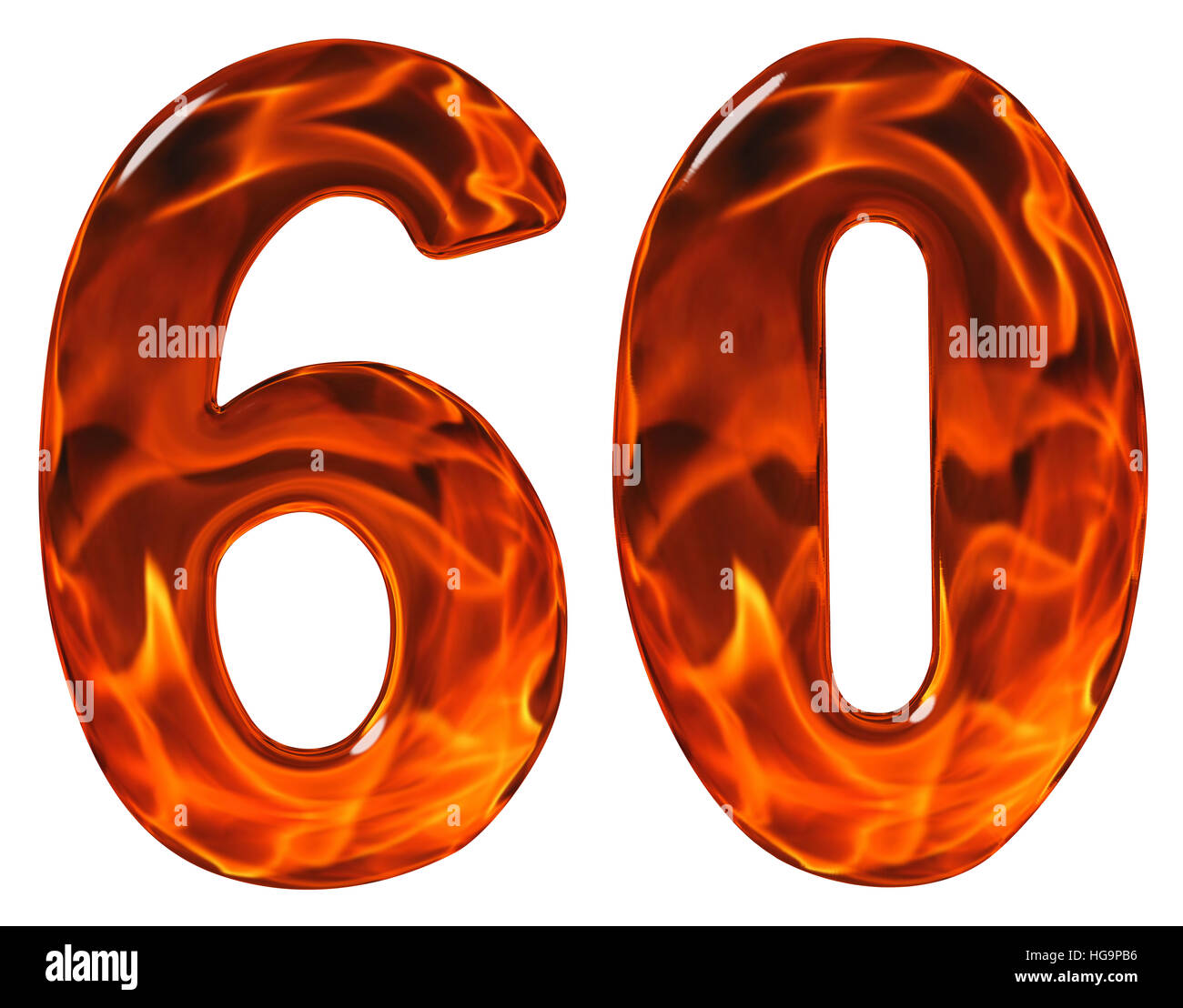 60, sixty, numeral, imitation glass and a blazing fire, isolated on ...