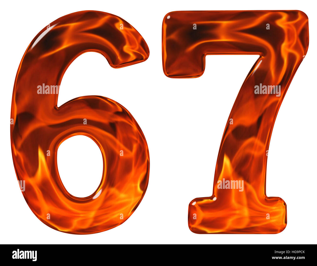 67, sixty seven, numeral, imitation glass and a blazing fire, isolated ...