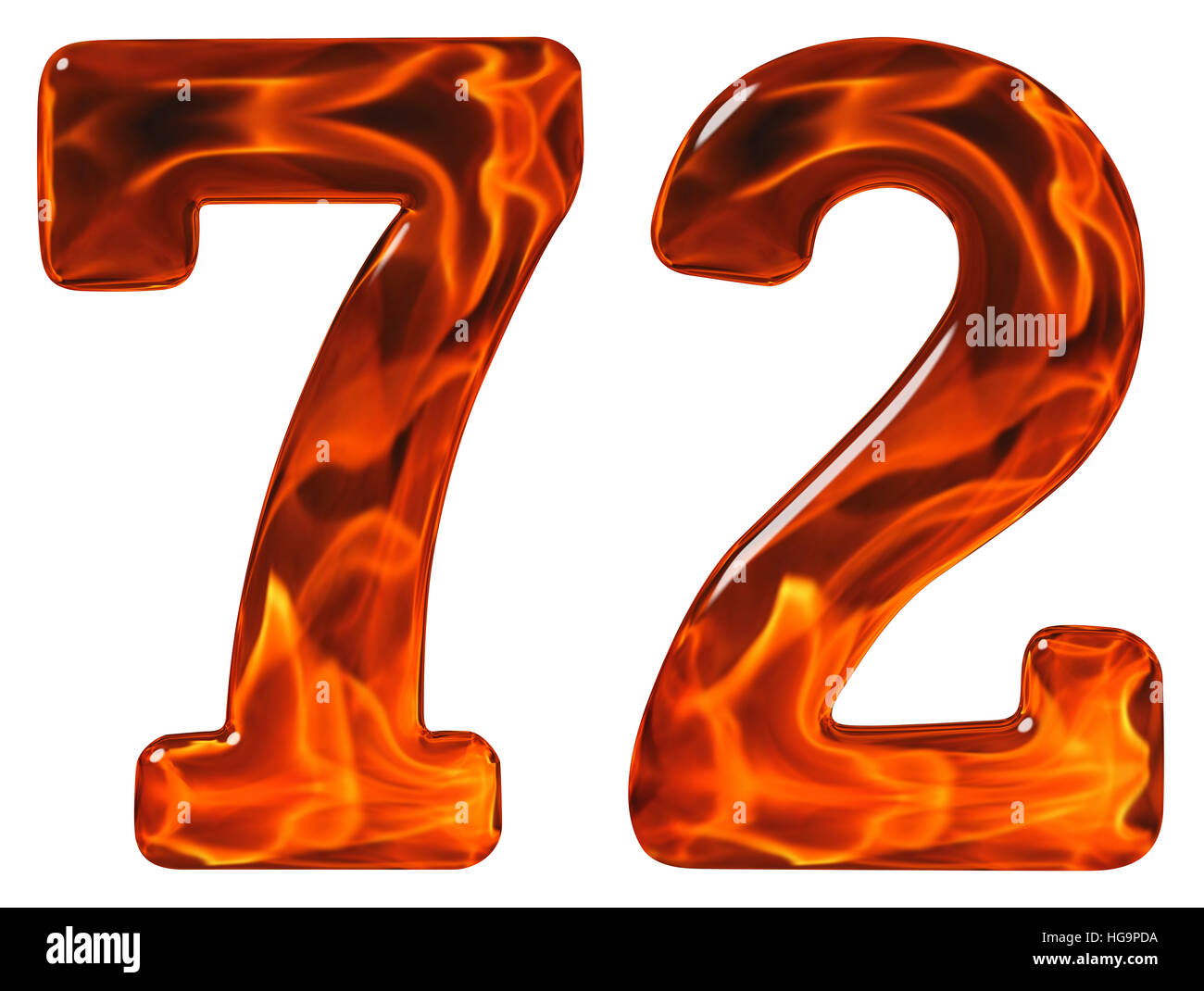 72, seventy two, numeral, imitation glass and a blazing fire, isolated ...