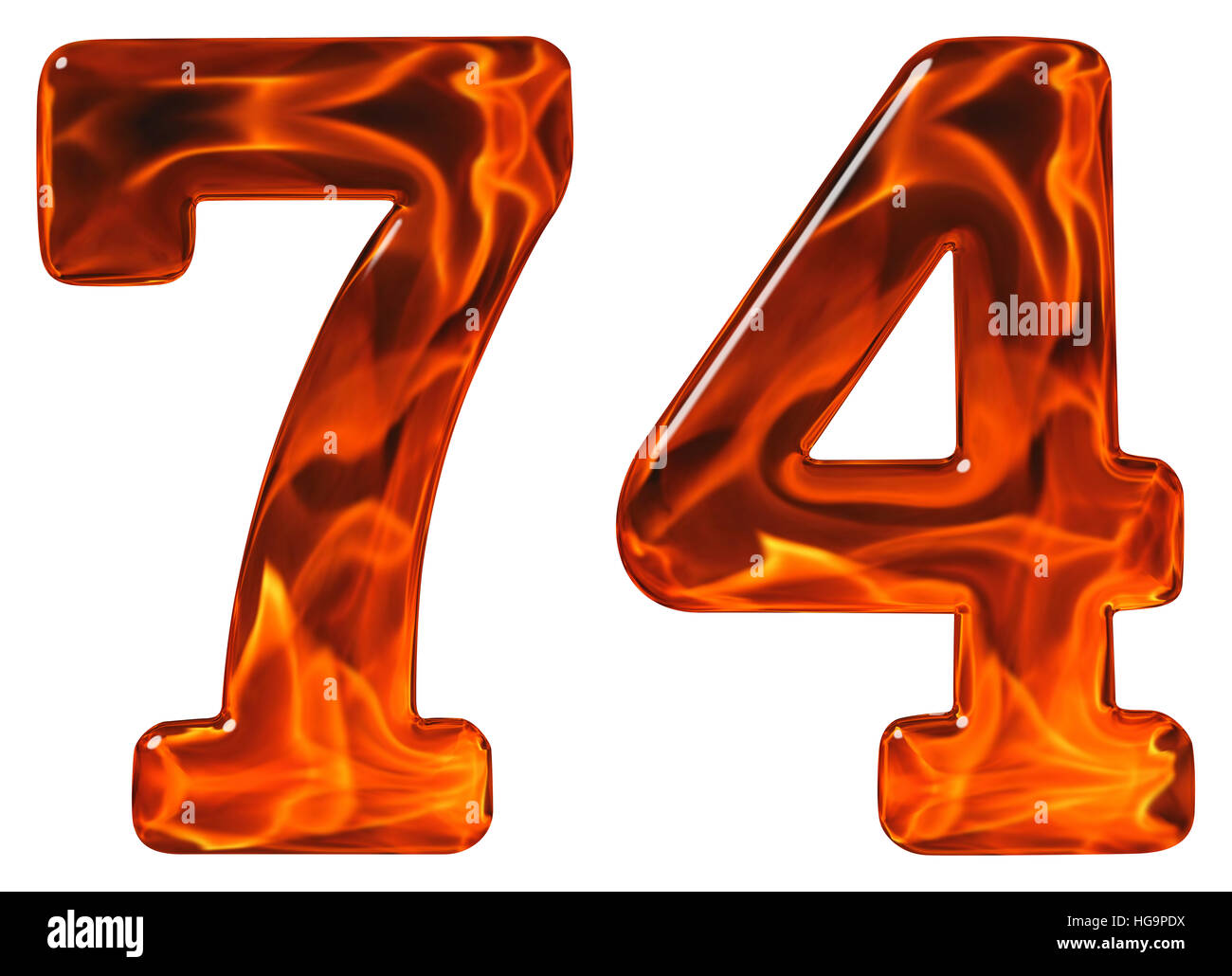 74, seventy four, numeral, imitation glass and a blazing fire, isolated ...