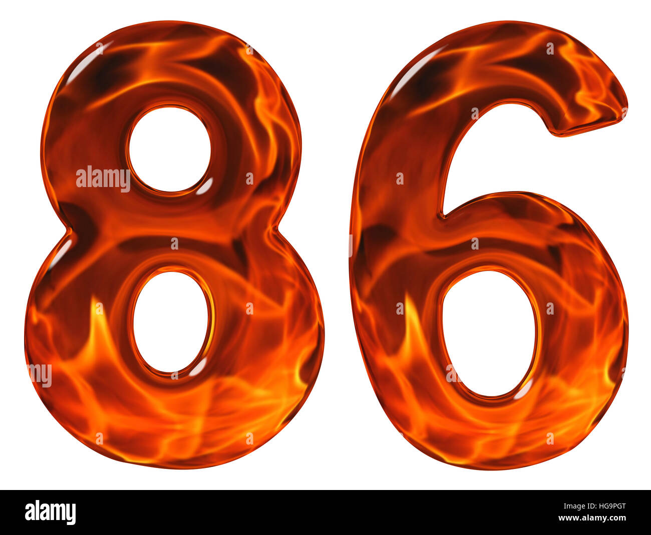 86, eighty six, numeral, imitation glass and a blazing fire, isolated ...