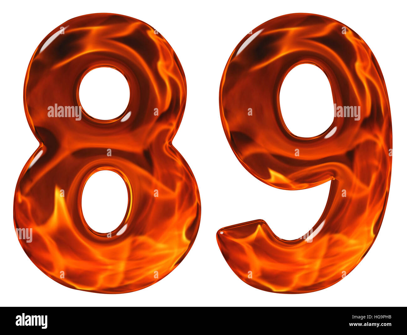 89, eighty nine, numeral, imitation glass and a blazing fire, isolated ...