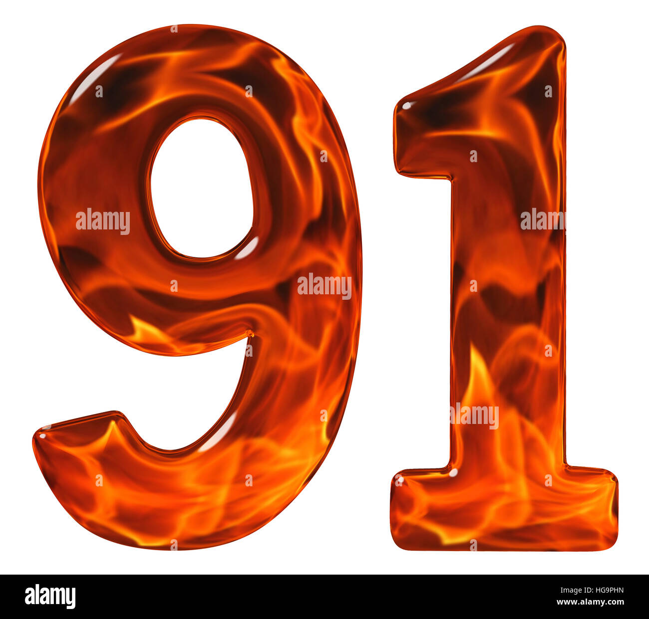 91, ninety one, numeral, imitation glass and a blazing fire, isolated ...