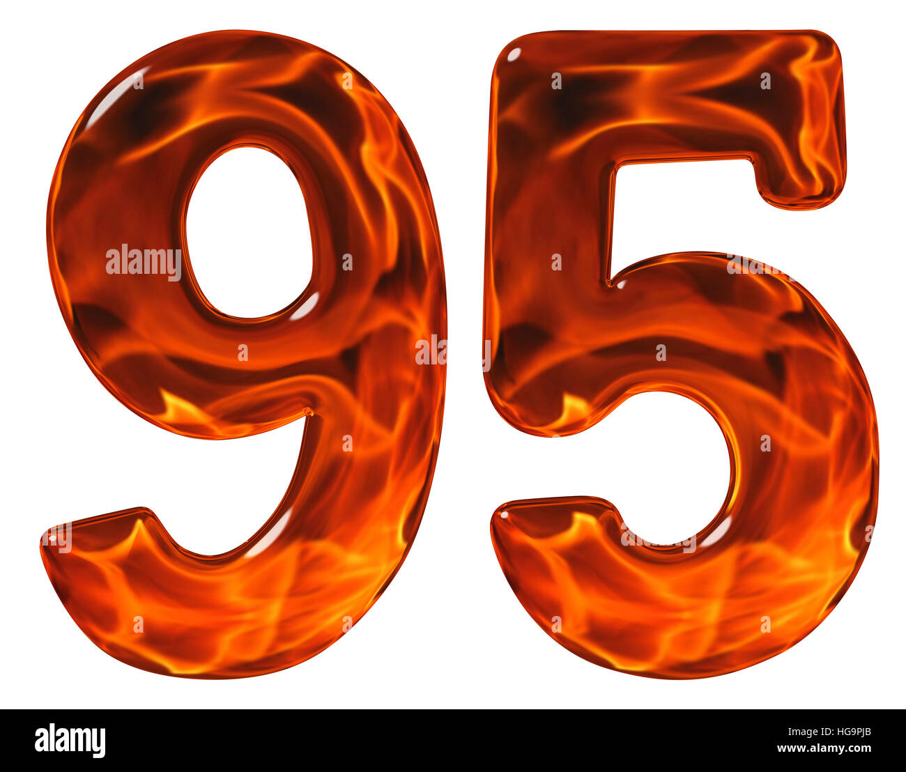 95, ninety five, numeral, imitation glass and a blazing fire, isolated ...