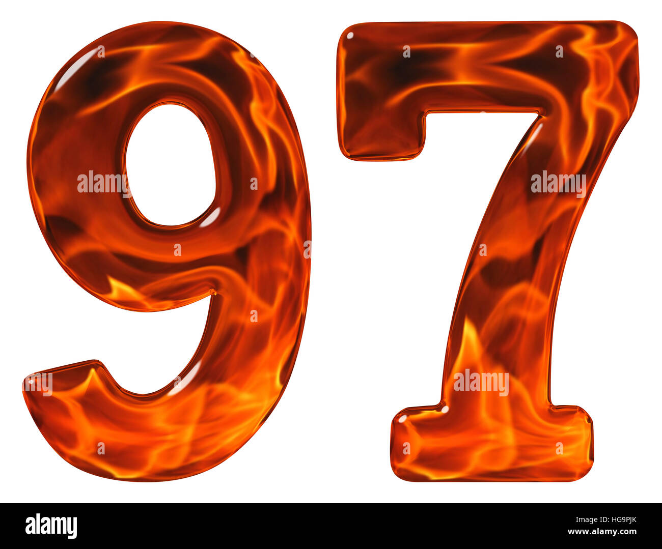 97, ninety seven, numeral, imitation glass and a blazing fire, isolated ...