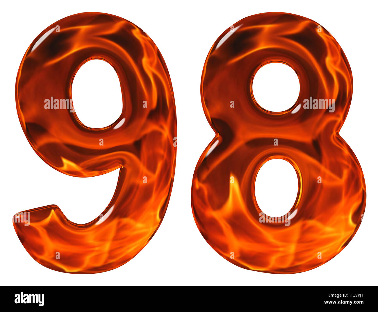 98, ninety eight, numeral, imitation glass and a blazing fire, isolated ...