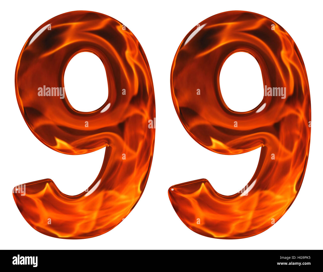 99, ninety nine, numeral, imitation glass and a blazing fire, isolated ...