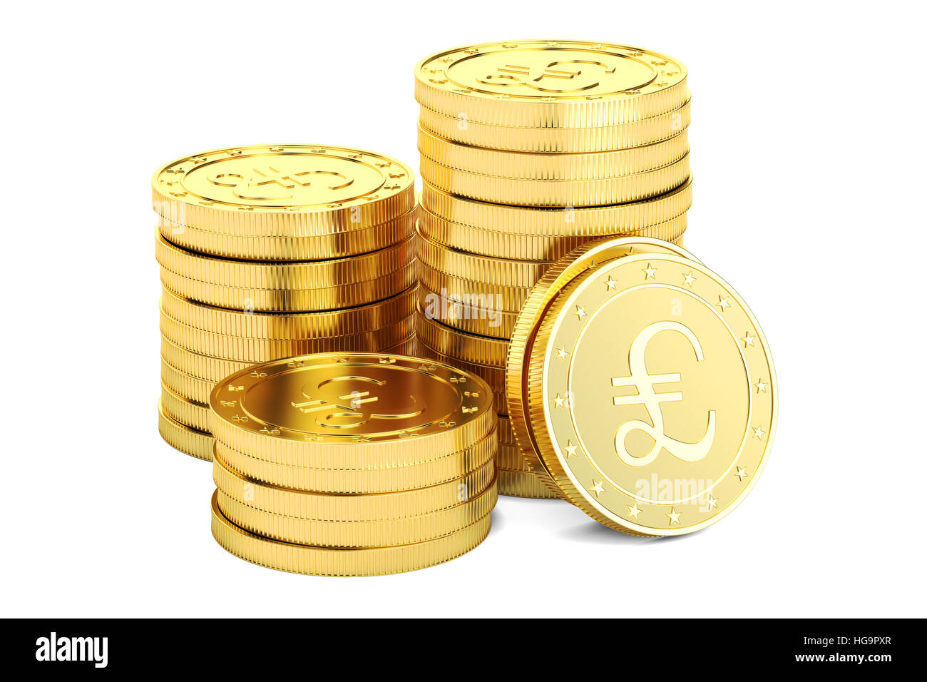 Gold pound sterling coins, 3D rendering isolated on white background ...