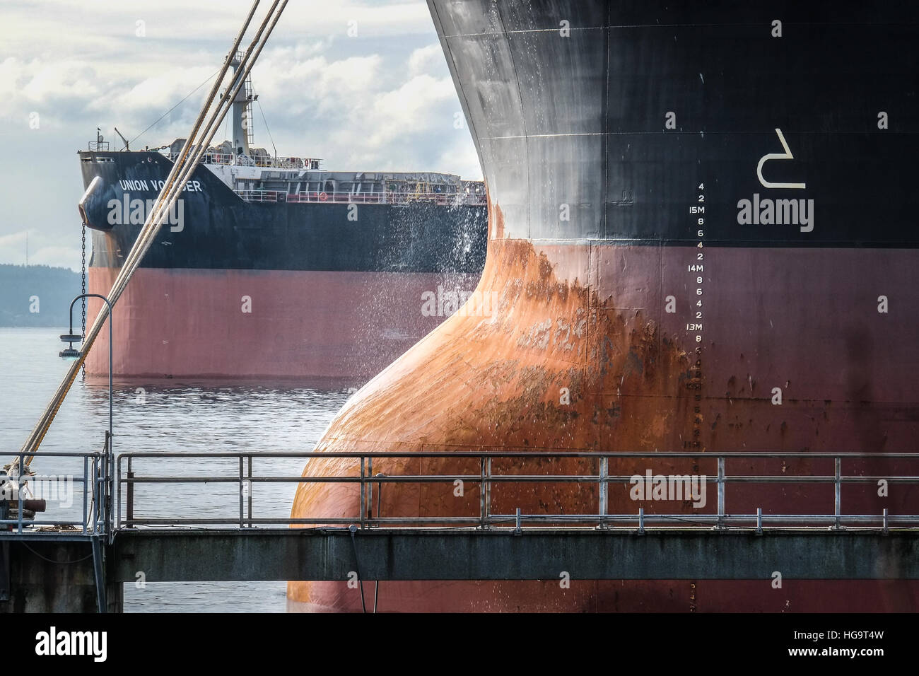 A close up horizontal view of a bulbous bow from a container ship Stock ...