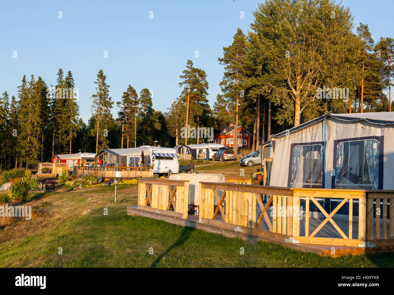 CAMP, SWEDEN ON JULY 26, 2013. View of a camping, campsites. Cars and ...