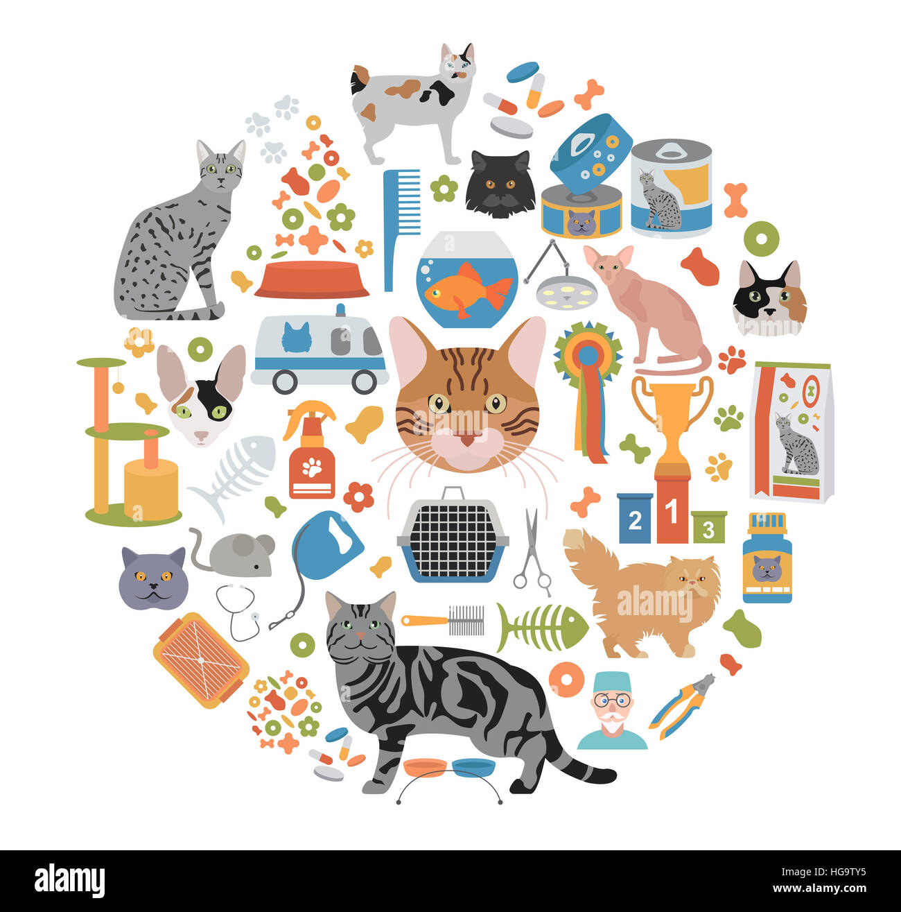 Cat characters and vet care icon set flat style. Vector illustration ...