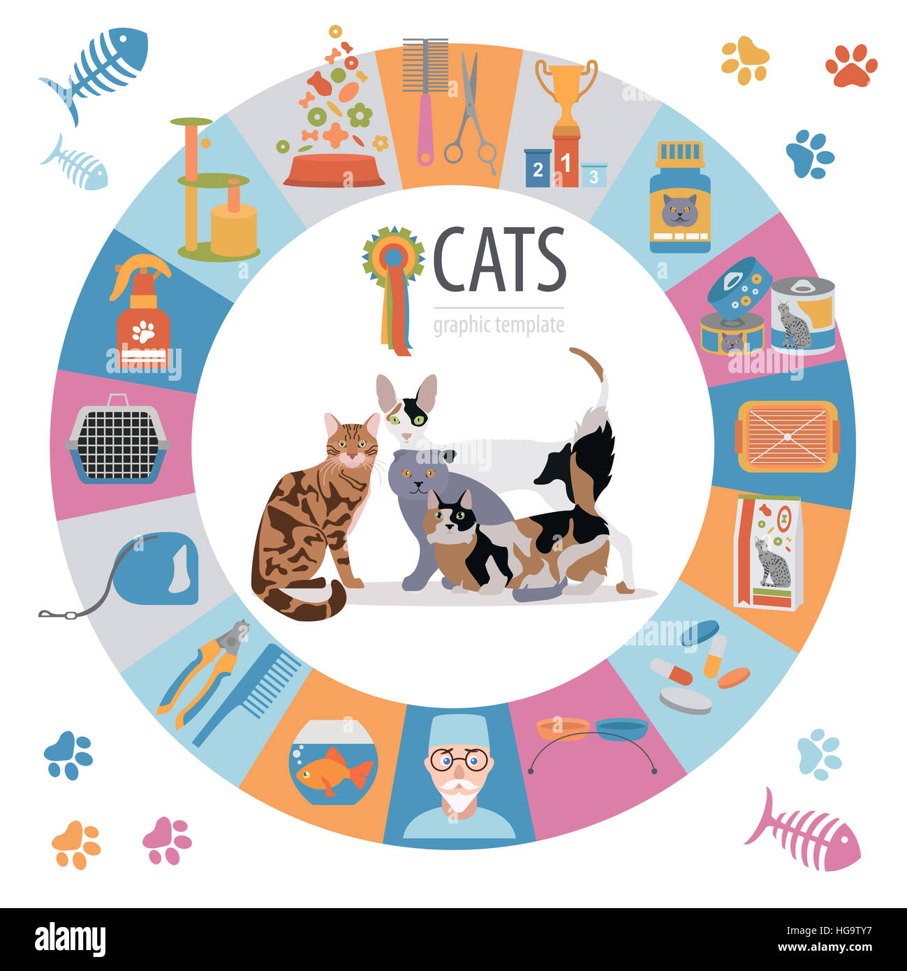 Cat characters and vet care icon set flat style. Vector illustration ...