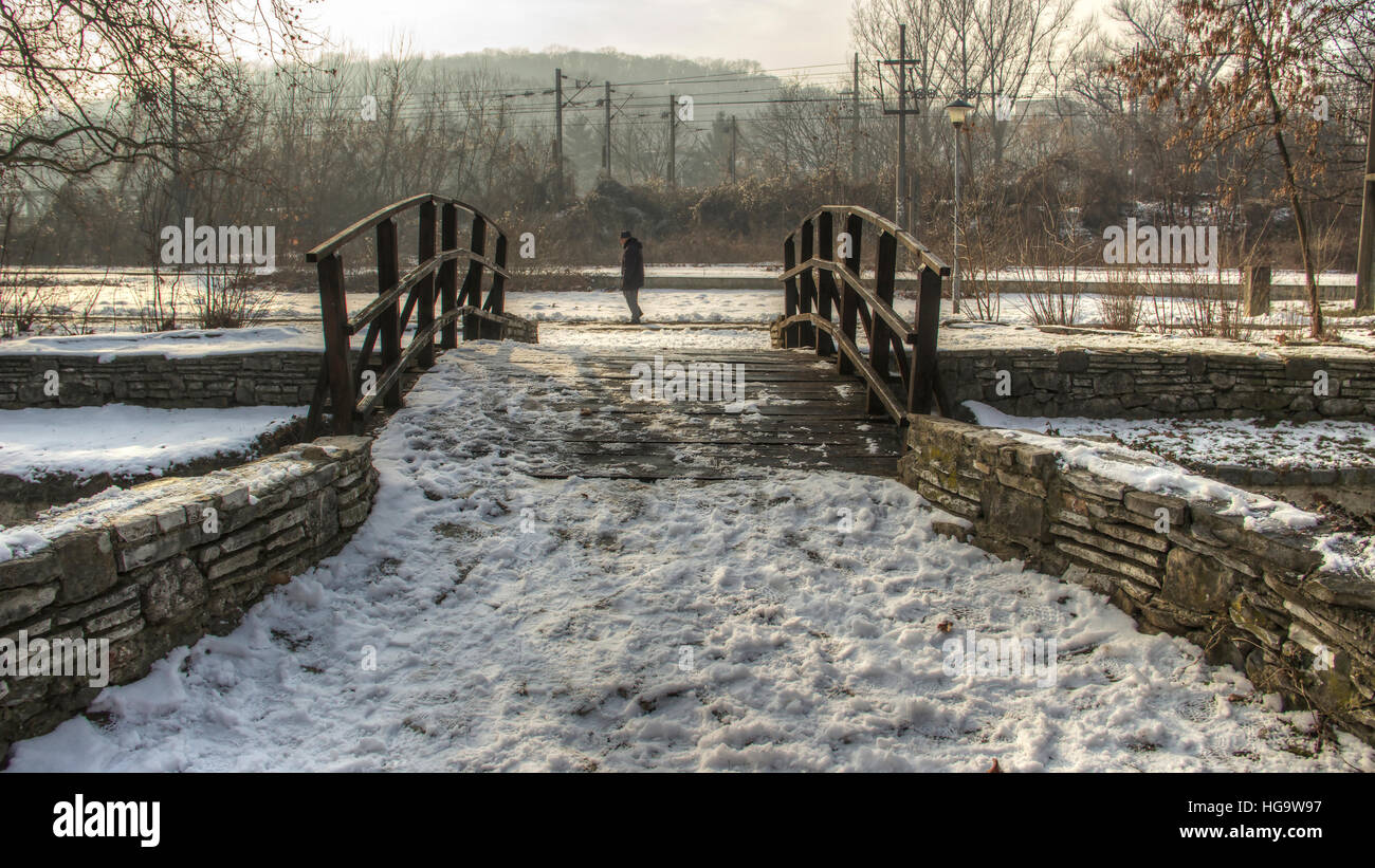 Belgrade, Serbia - Wooden pedestrian bridge in Topcider park at winter ...
