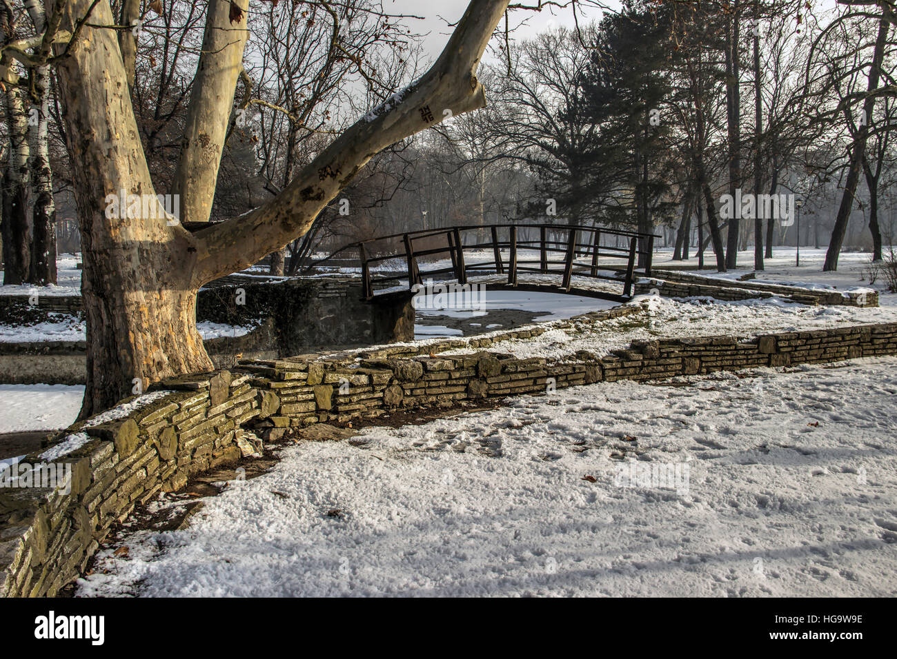 Belgrade, Serbia - Wooden pedestrian bridge in Topcider park at winter ...