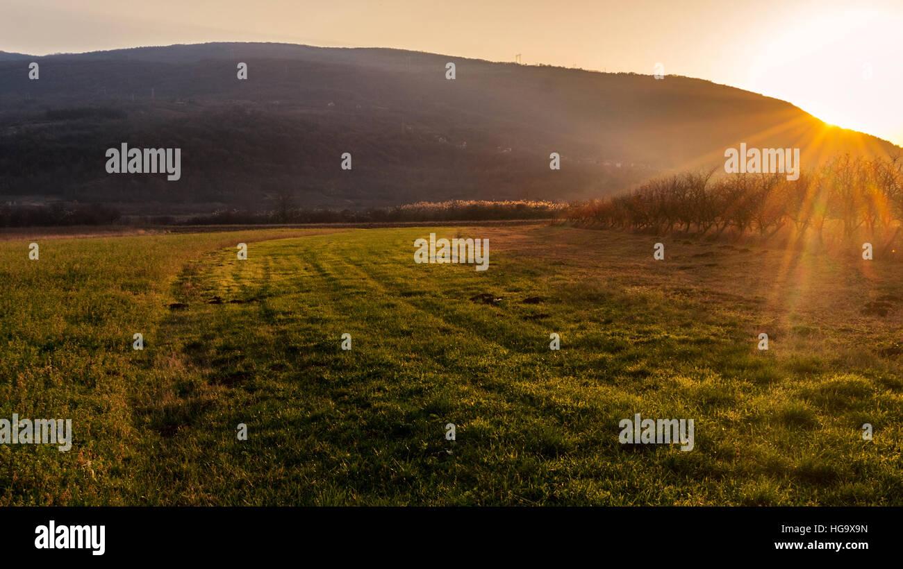 Evening sun rays on a meadow and hills landscape Stock Photo - Alamy