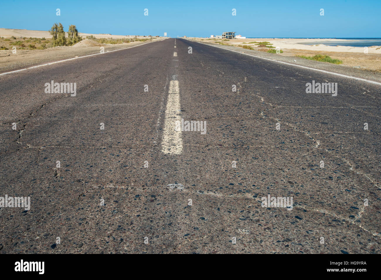Closeup detail of view down a remote desert highway road Stock Photo ...