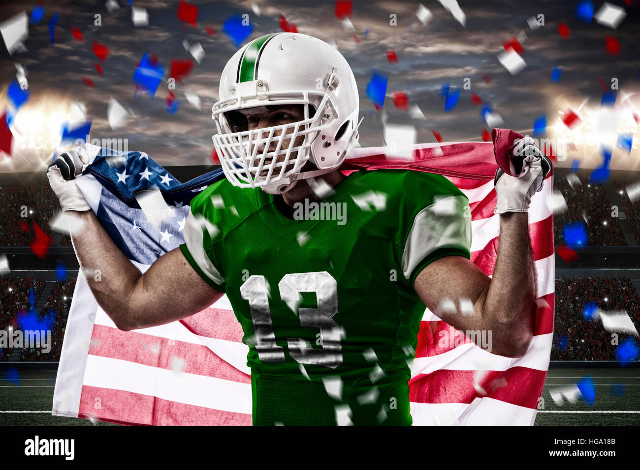 Football Player with a green uniform celebrating, on a stadium Stock ...