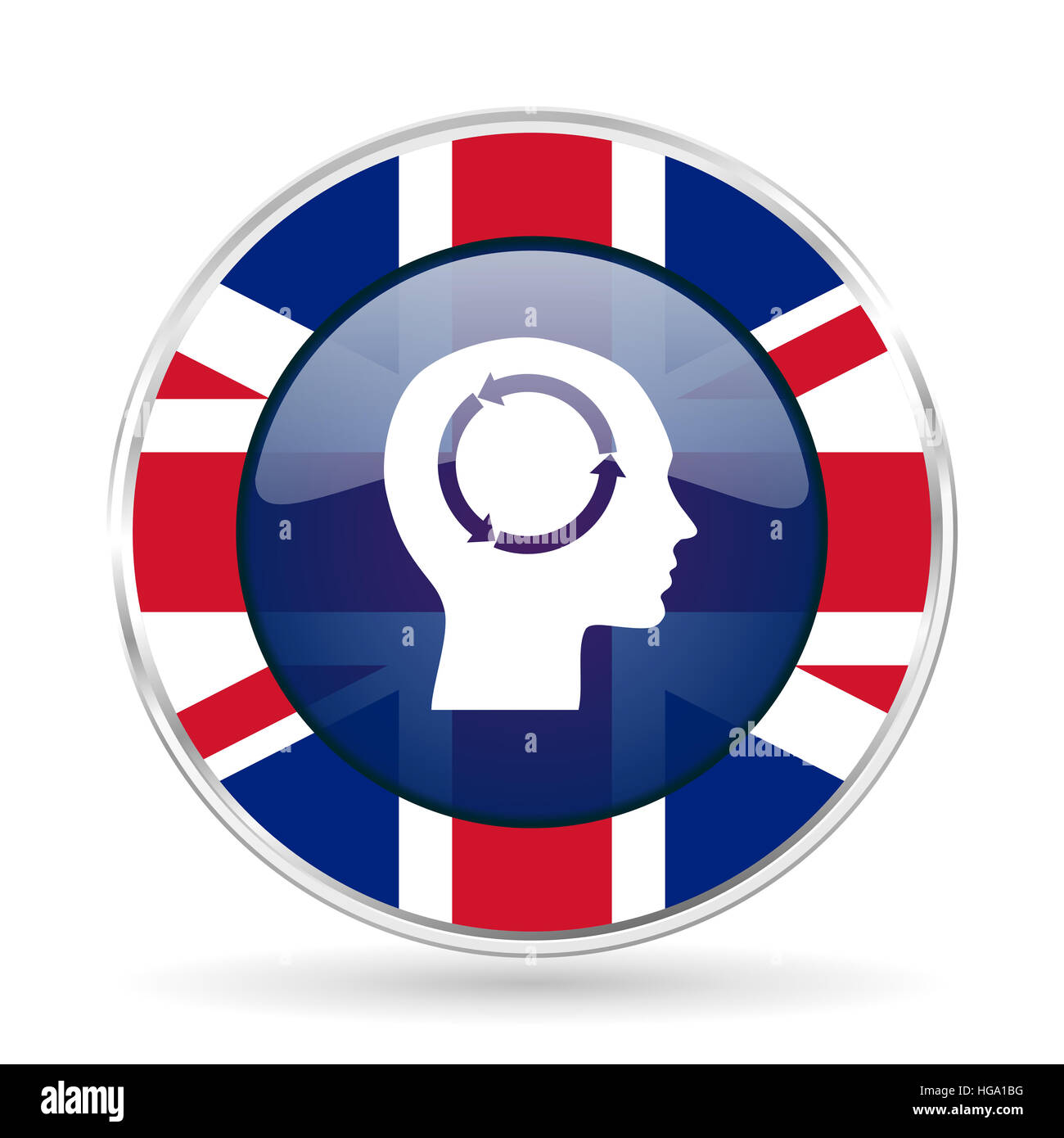 head british design icon - round silver metallic border button with ...