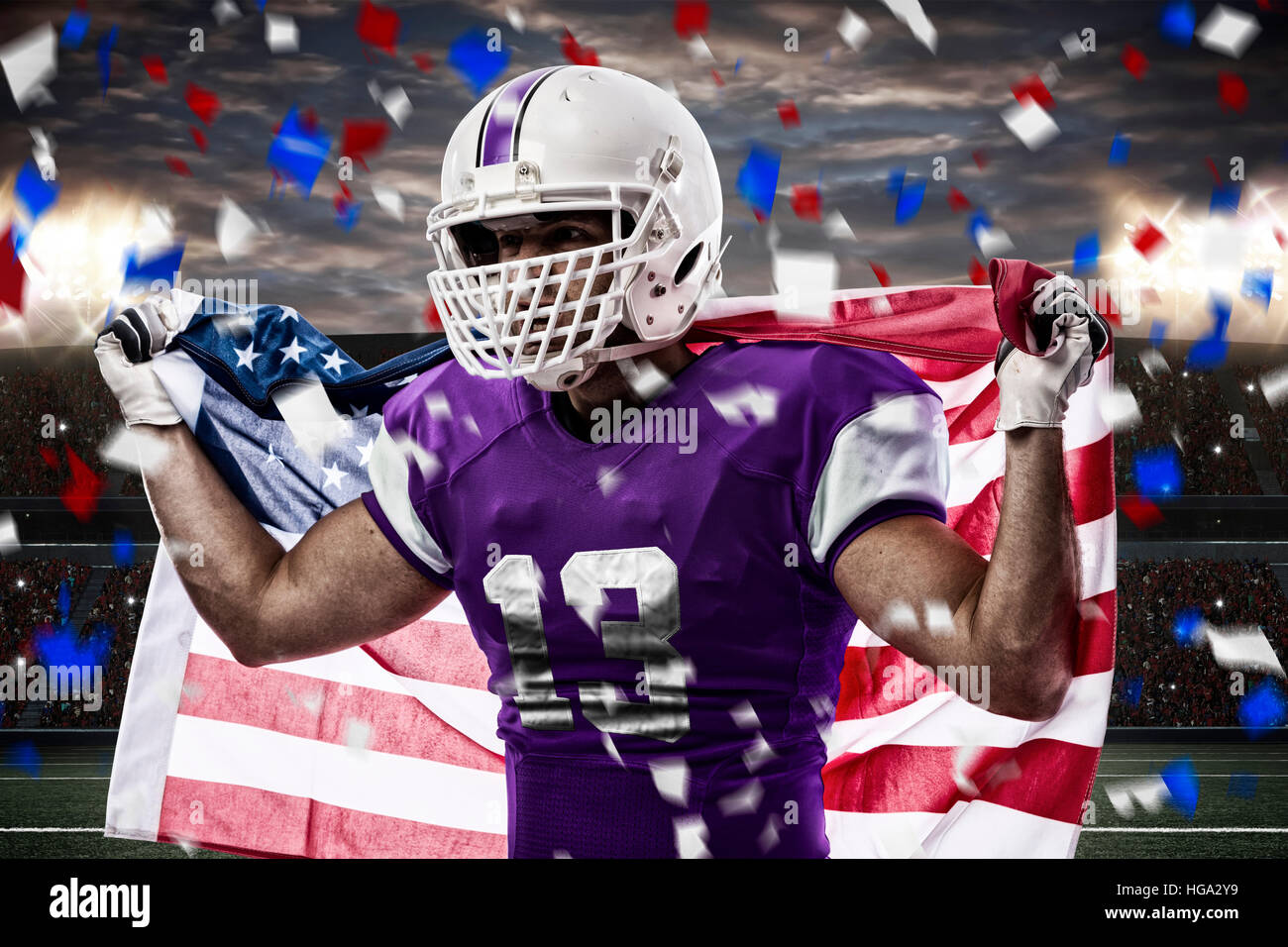 Football Player with a purple uniform celebrating, on a stadium Stock ...