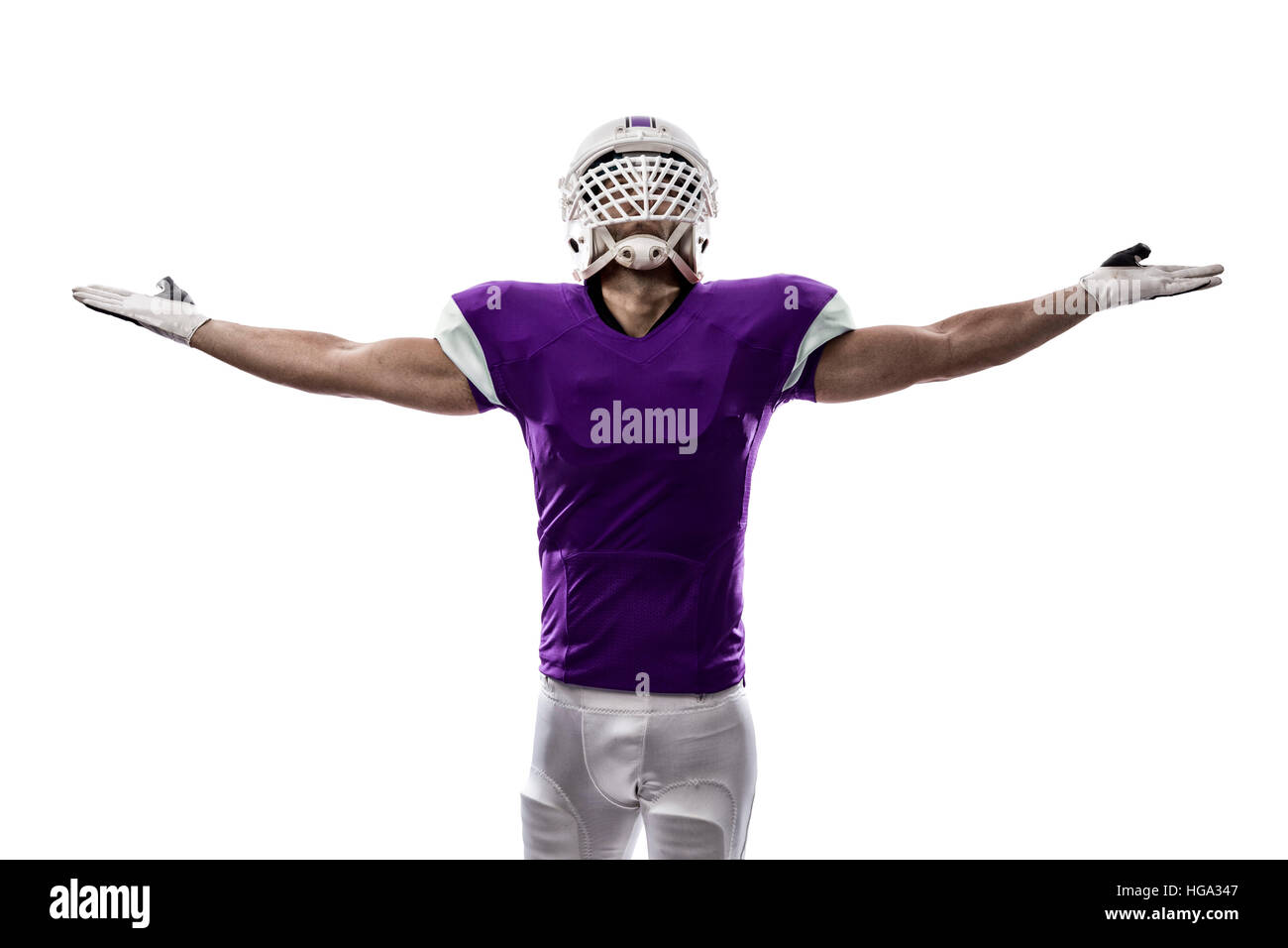 Football Player with a purple uniform celebrating, on a white ...