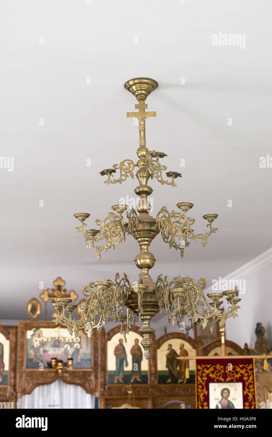 Chandelier bronze. Interior of the Orthodox Church Stock Photo - Alamy