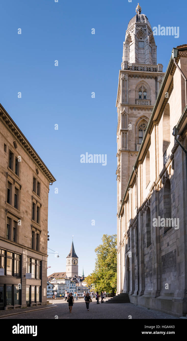 The clock tower of Zurich's St. Peter church in the old town, seen from ...