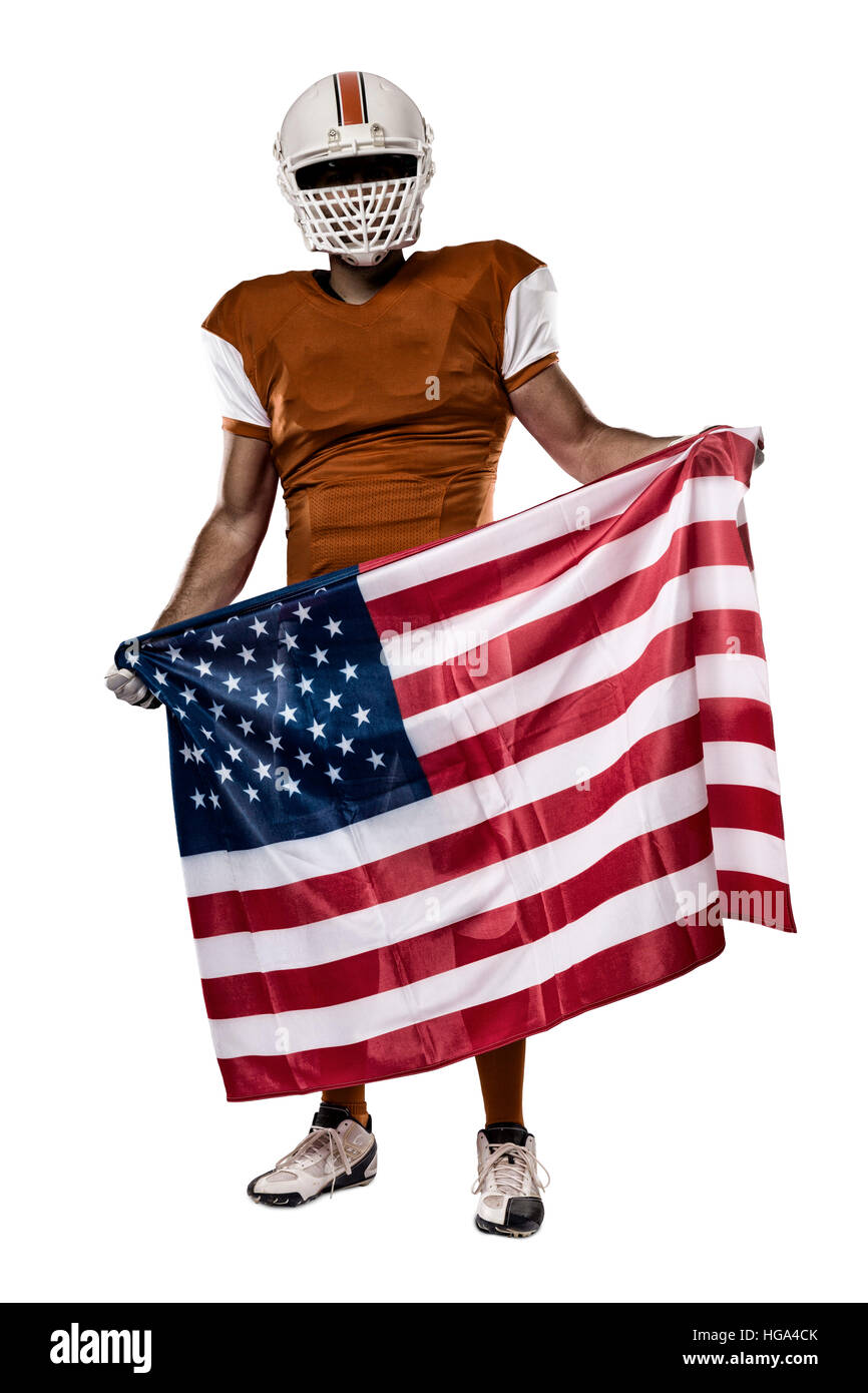 Football Player with a orange uniform and a american flag, on a white ...
