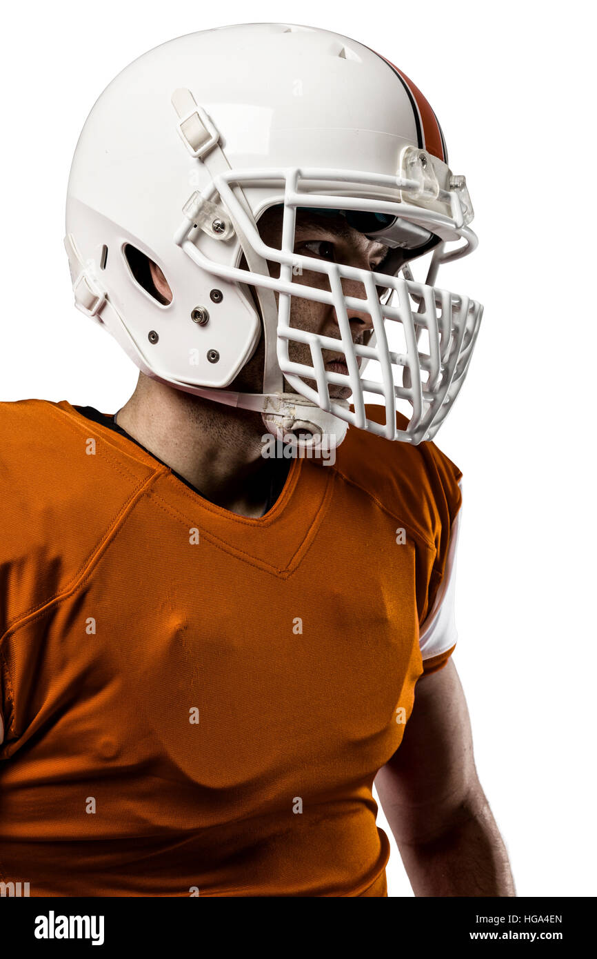 Close up of a Football Player with a orange uniform on a white ...