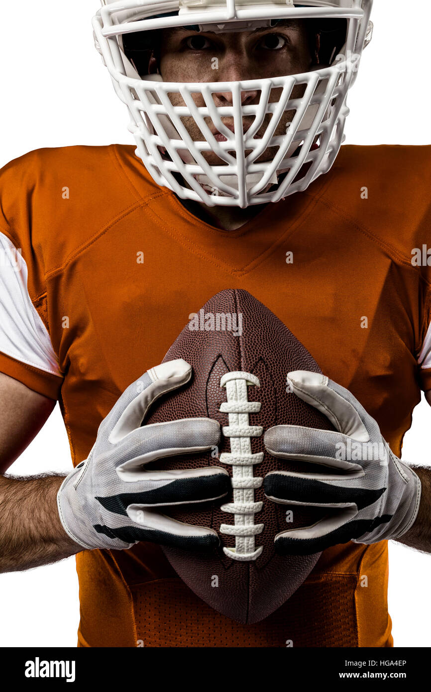 Close up of a Football Player with a orange uniform on a white ...