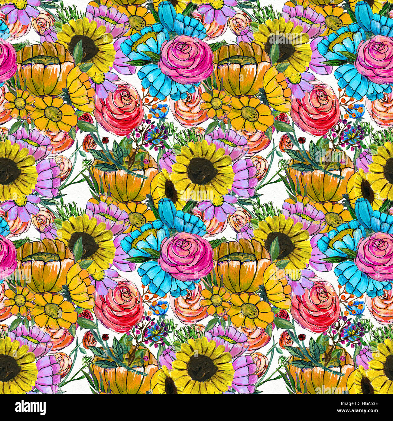 Seamless pattern with blue yellow and pink flowers Stock Photo - Alamy