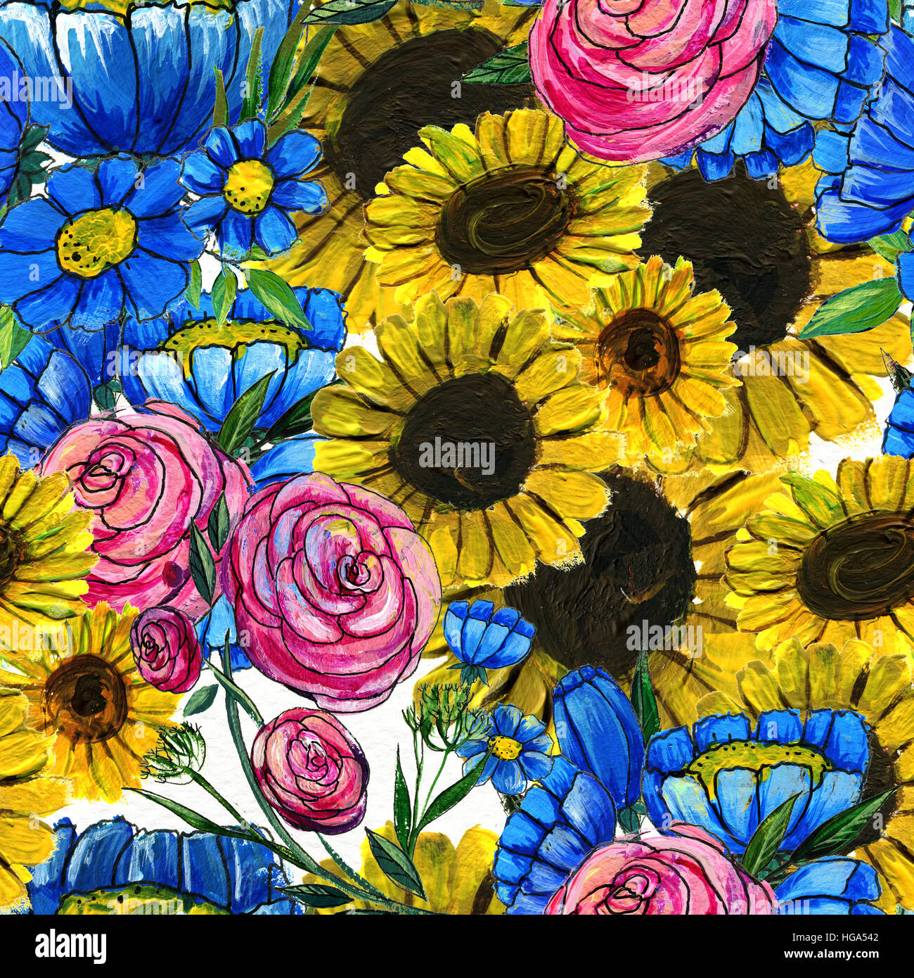 Seamless pattern with blue yellow and pink flowers Stock Photo - Alamy